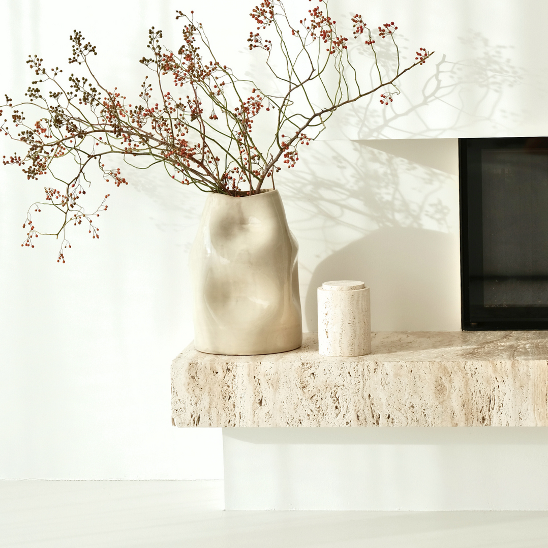 Opbergkom met deksel - Witte zandsteen - Travertin - H 15,8 cm — Furnified